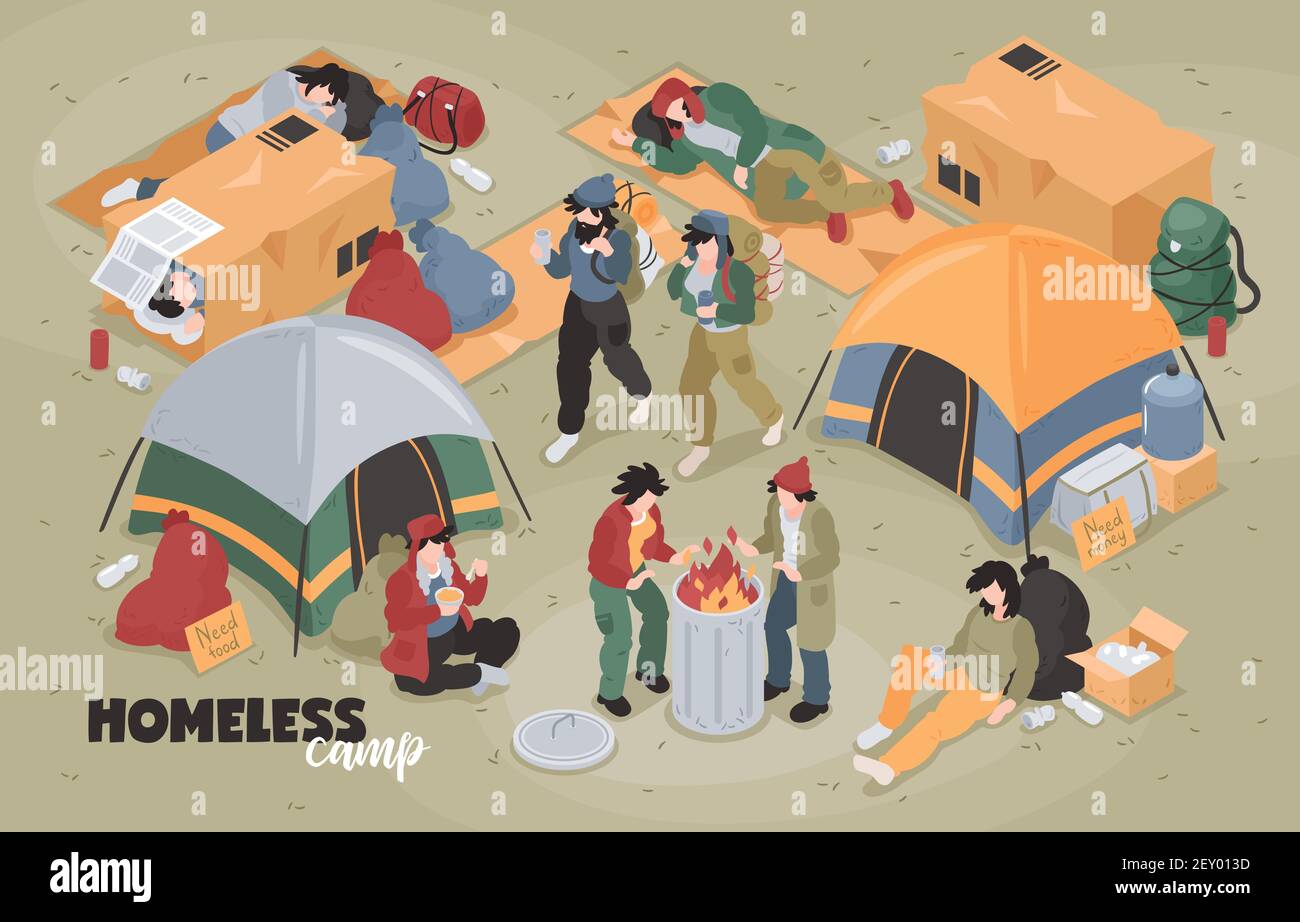Isometric homeless composition with editable text and view of refugee ...
