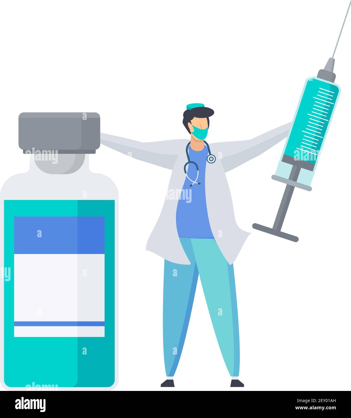 Vaccination schedule. Doctor with huge syringe and dose of vaccine ...