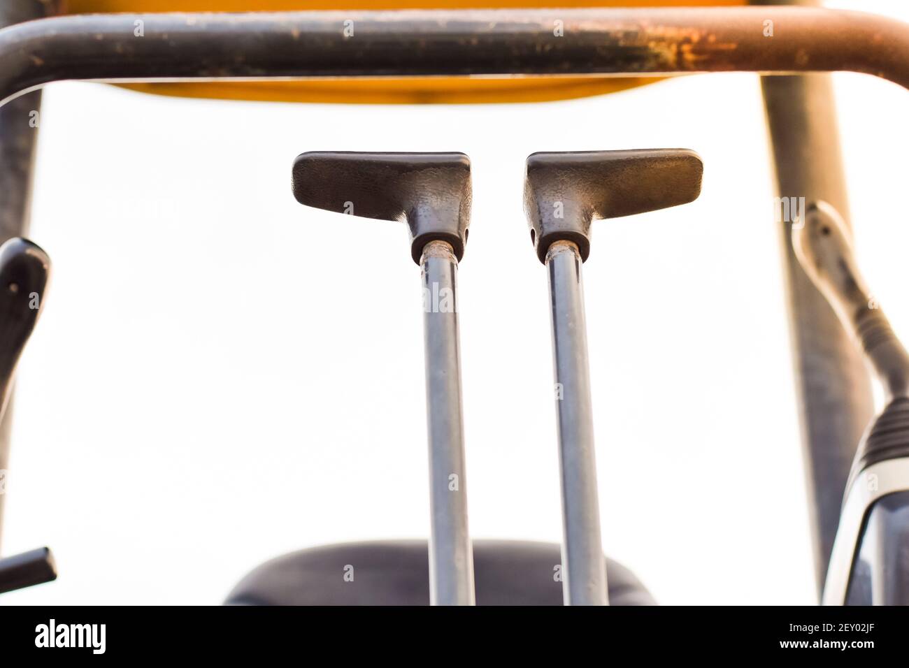 A close-up of the internal backhoe controls for the driver Stock Photo ...