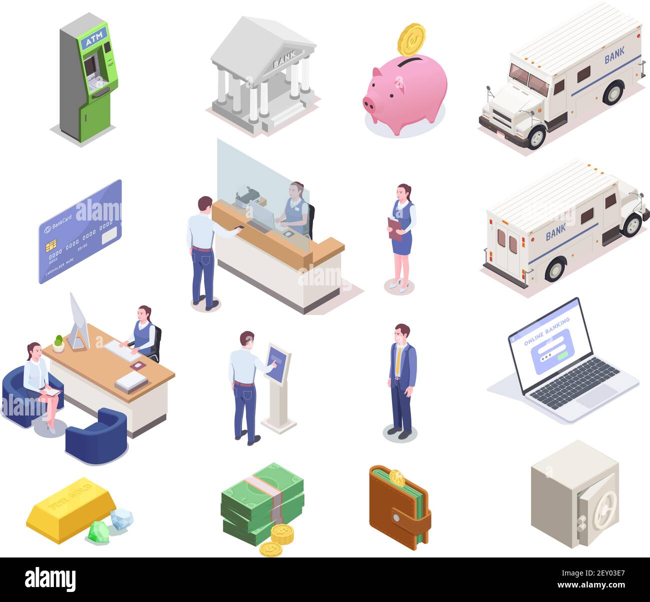 Banking financial isometric icons collection with sixteen isolated ...