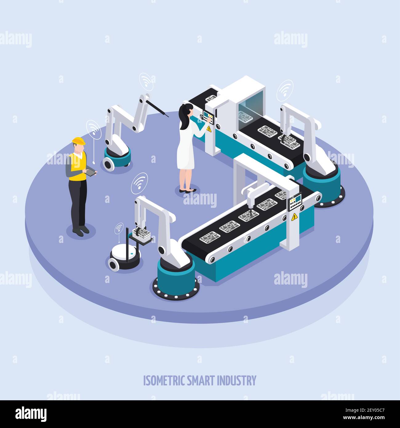 Isometric smart industry background round platform with two workers ...