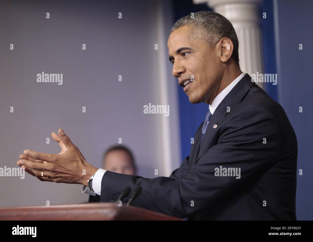 President Barack Obama makes a statement at the daily briefing in the ...