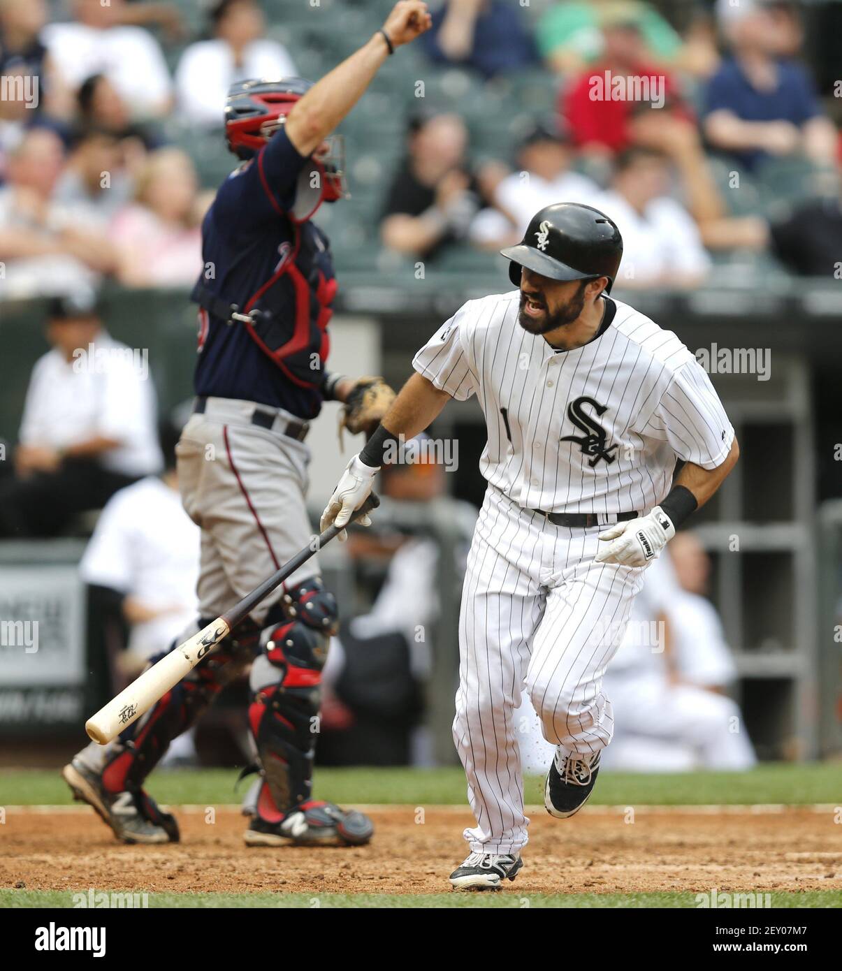 Chicago White Sox hitter Adam Eaton reacts as he flies out to end the ...
