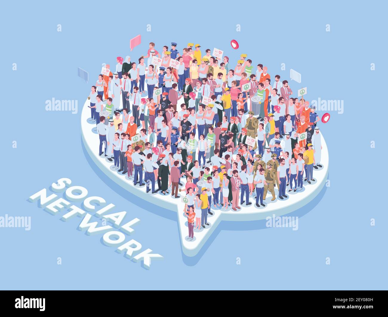 Society people isometric background with text and thought bubble icon ...