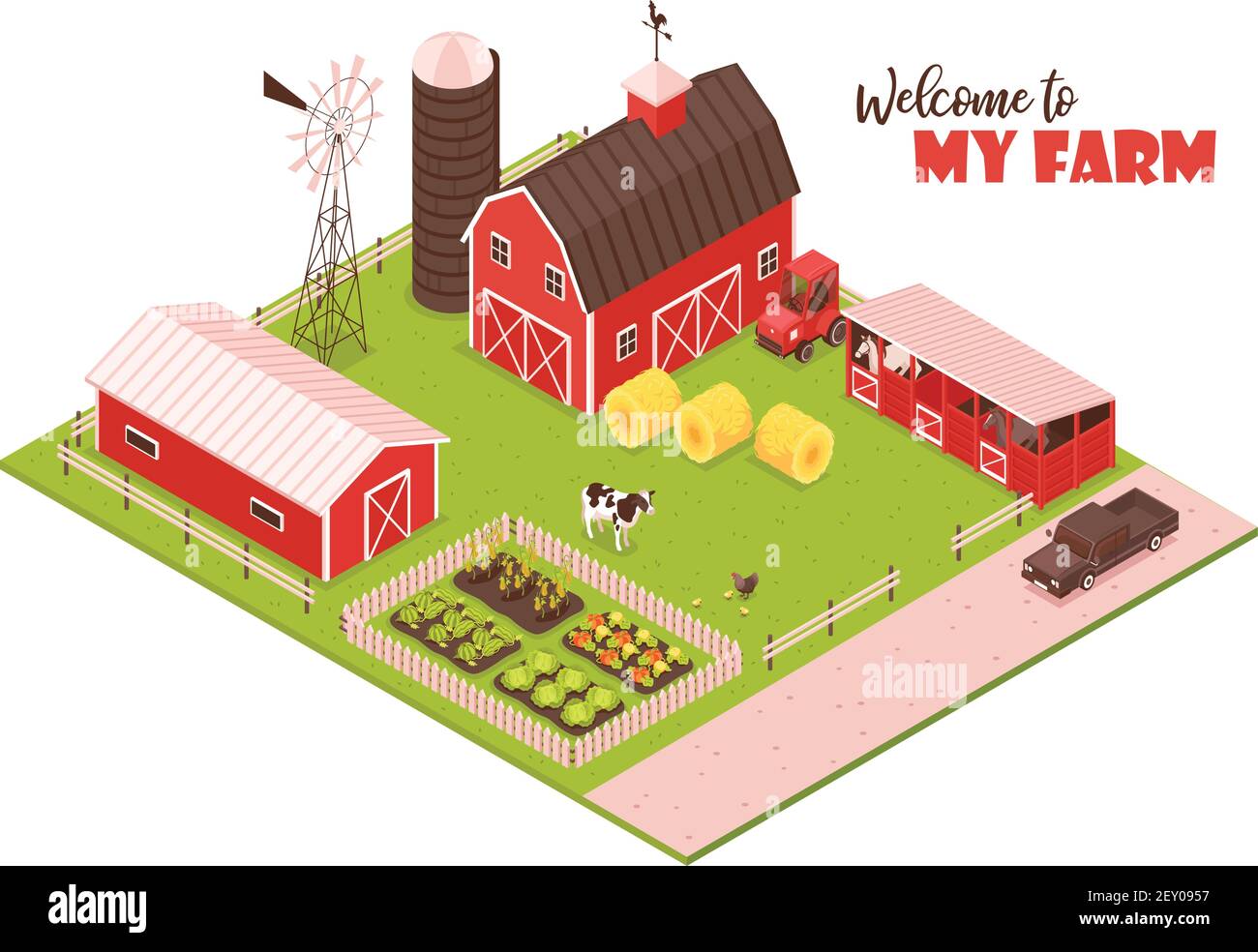 Isometric farm background with editable text and view of farmstead ...