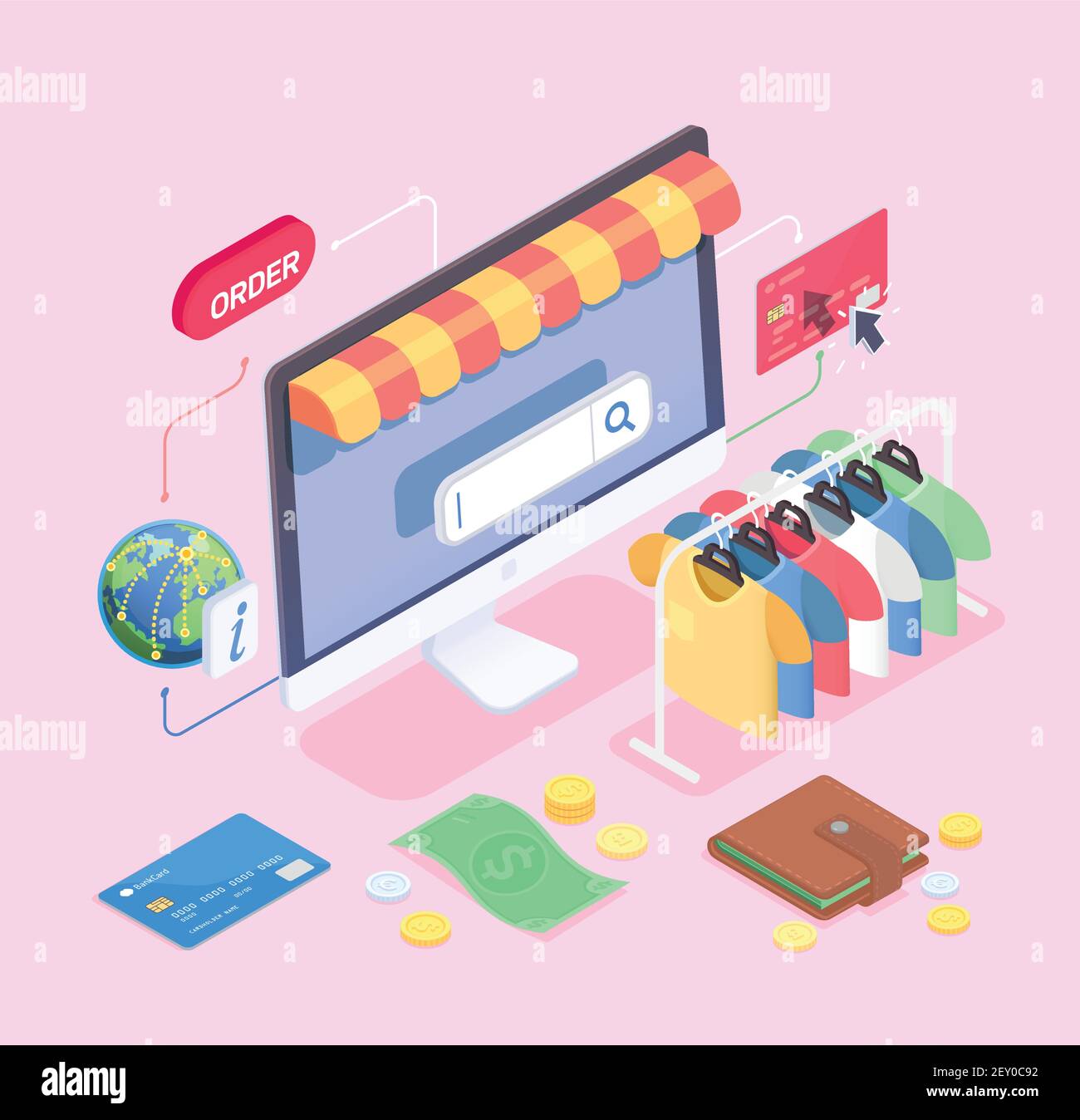 Shopping e-commerce isometric concept with composition of desktop computer clothes rail cash and ...