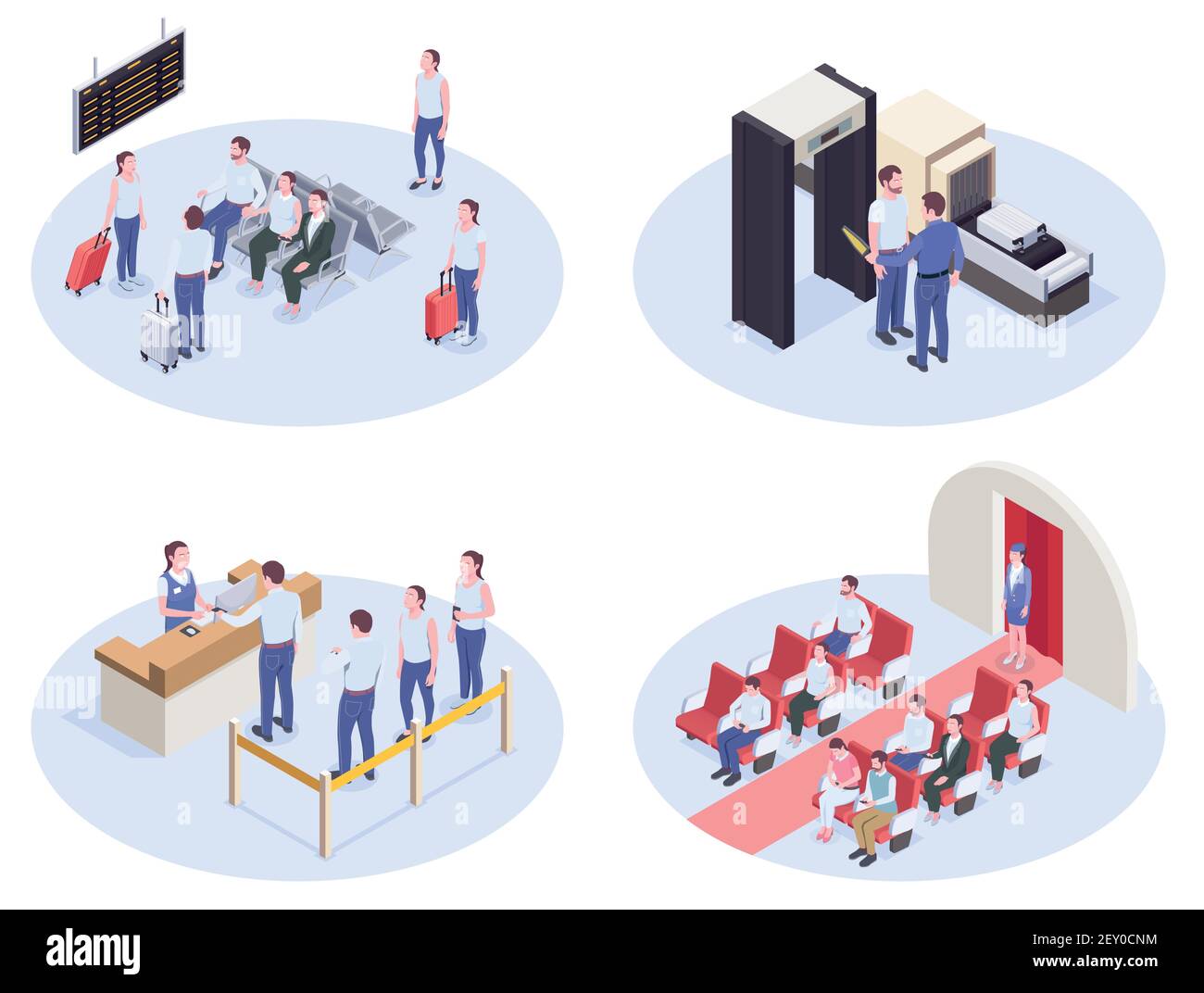 Set of four airport isometric compositions with lounge registration ...