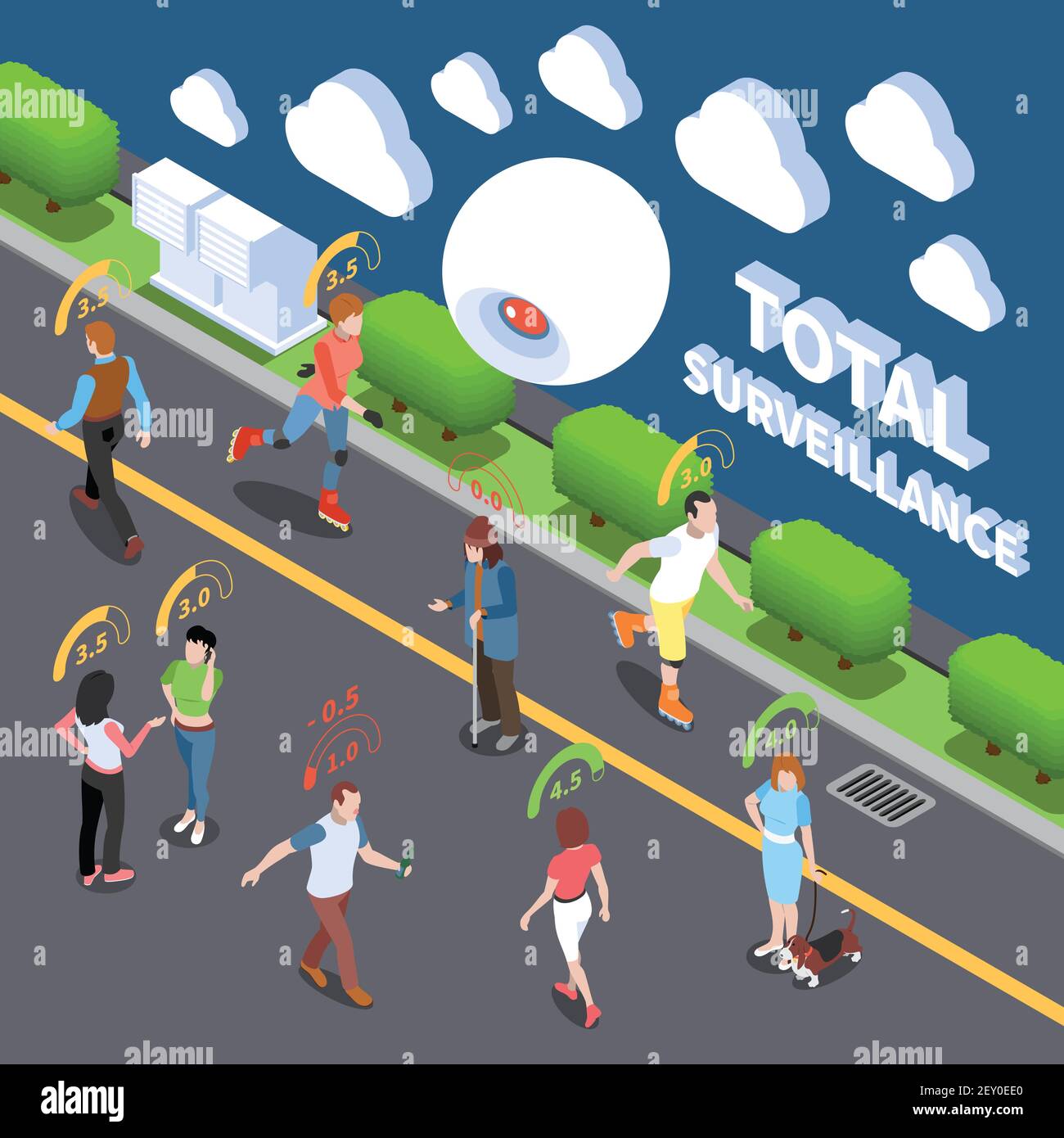 Social credit score system isometric composition with human characters ...