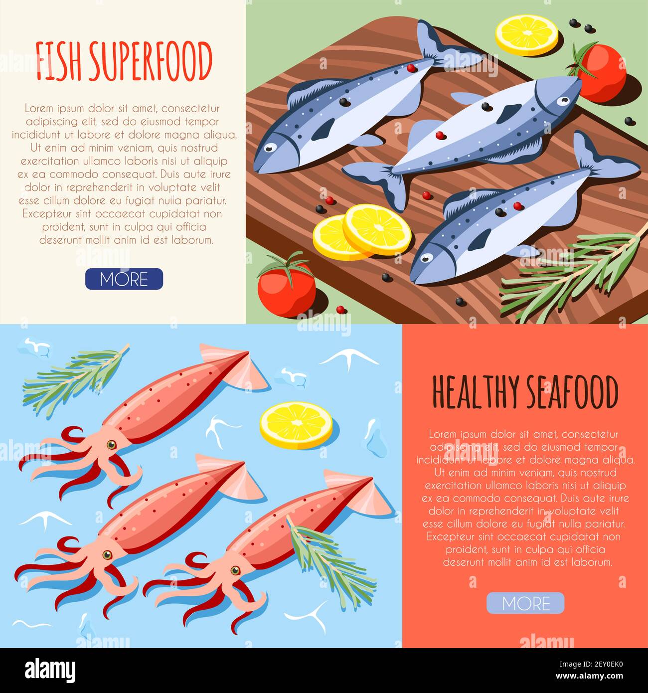 Fish superfood and healthy seafood horizontal banners with fresh fish ...