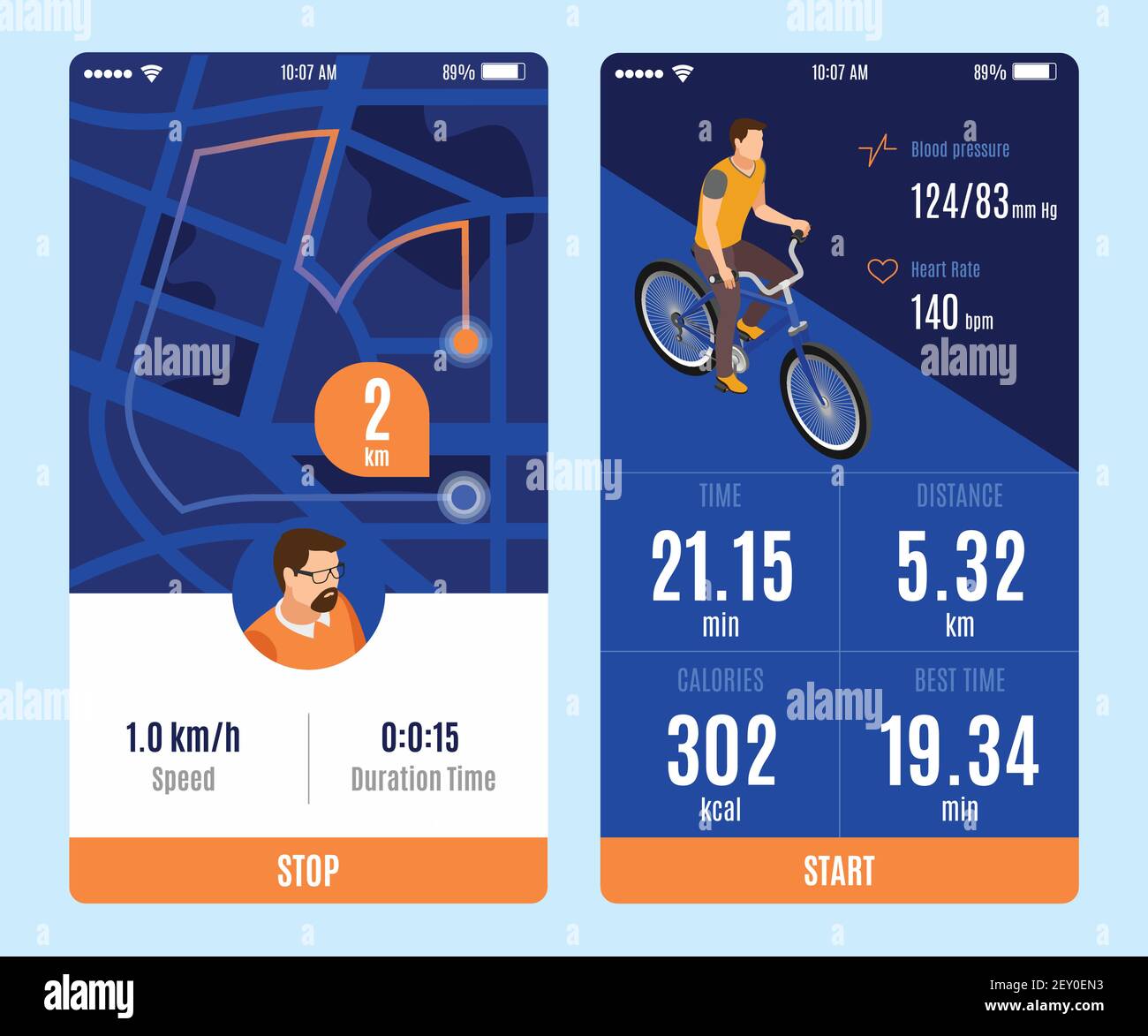 Two variants of bicycle ride mobile app design with start stop buttons ...