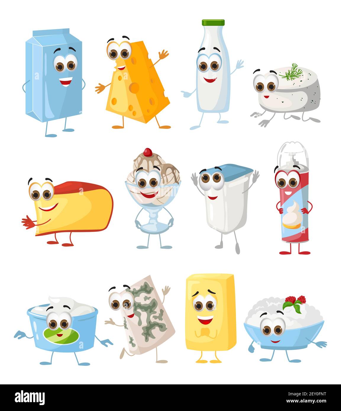 Set of Funny Milk Products with eyes on white background, funny ...