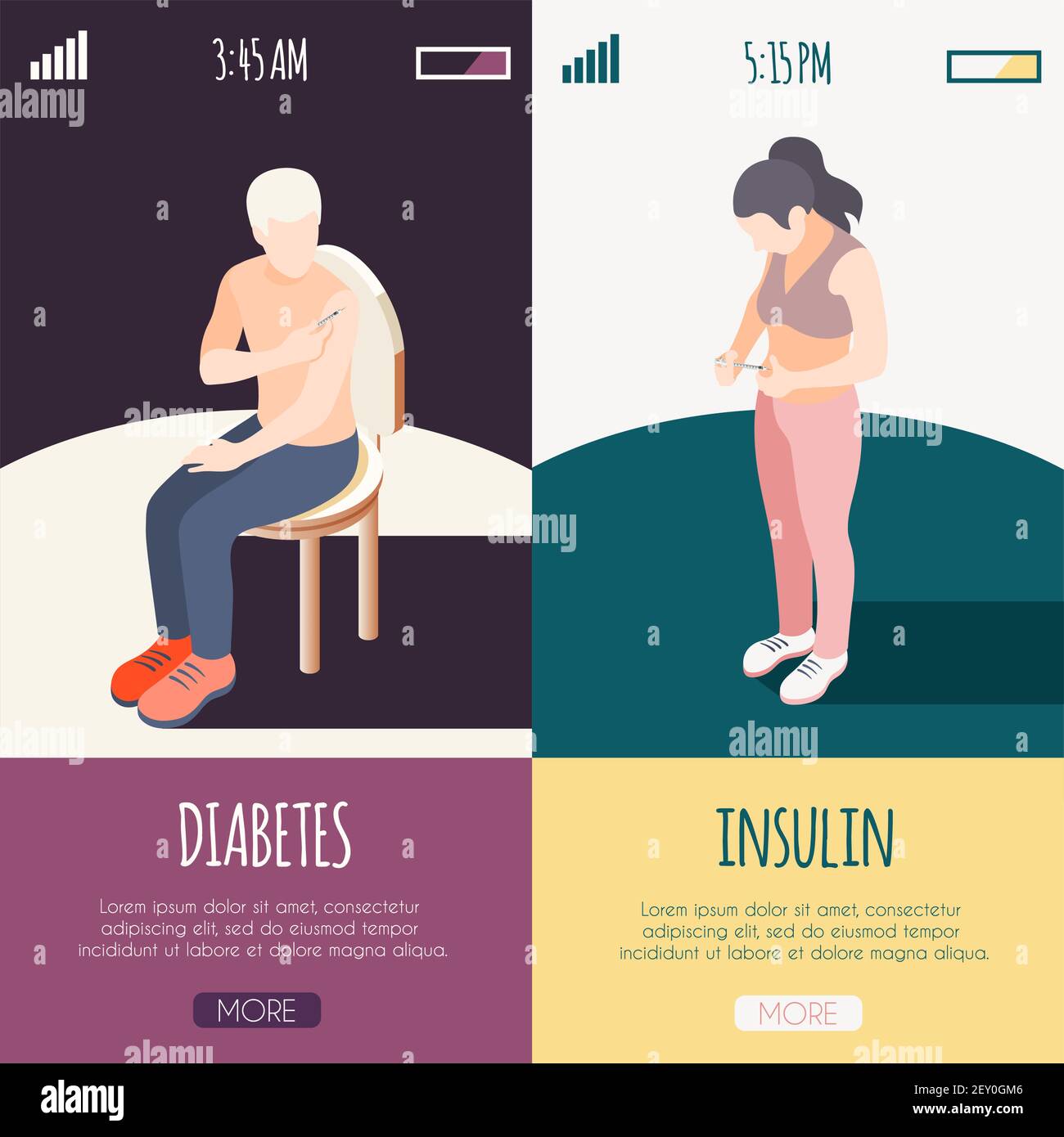 Diabetes isometric banners with male and female patients giving himself ...