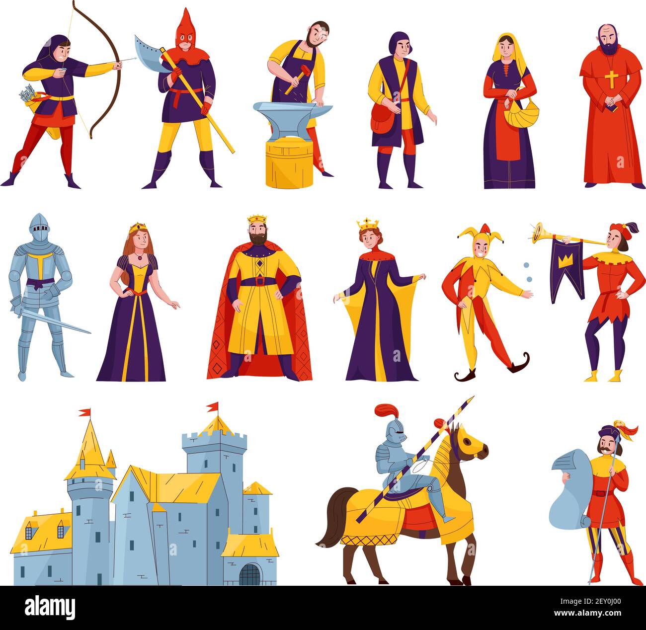 Medieval tales characters flat set with archer blacksmith king queen ...