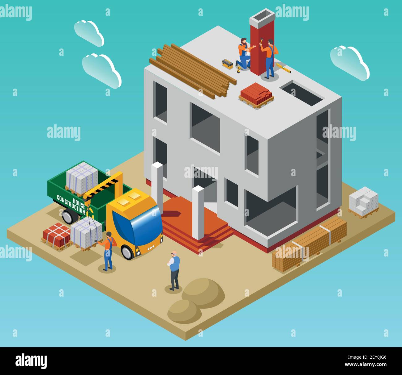 House construction isometric composition with team of builders ...