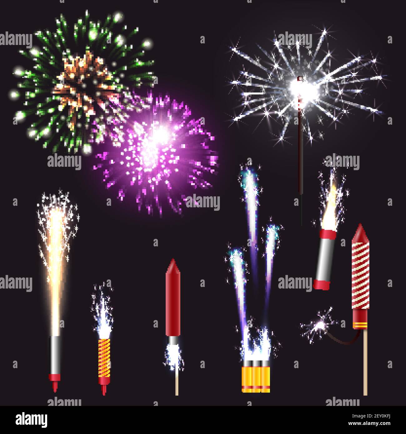 Fireworks realistic set with pyrotechnics and fun symbols isolated ...