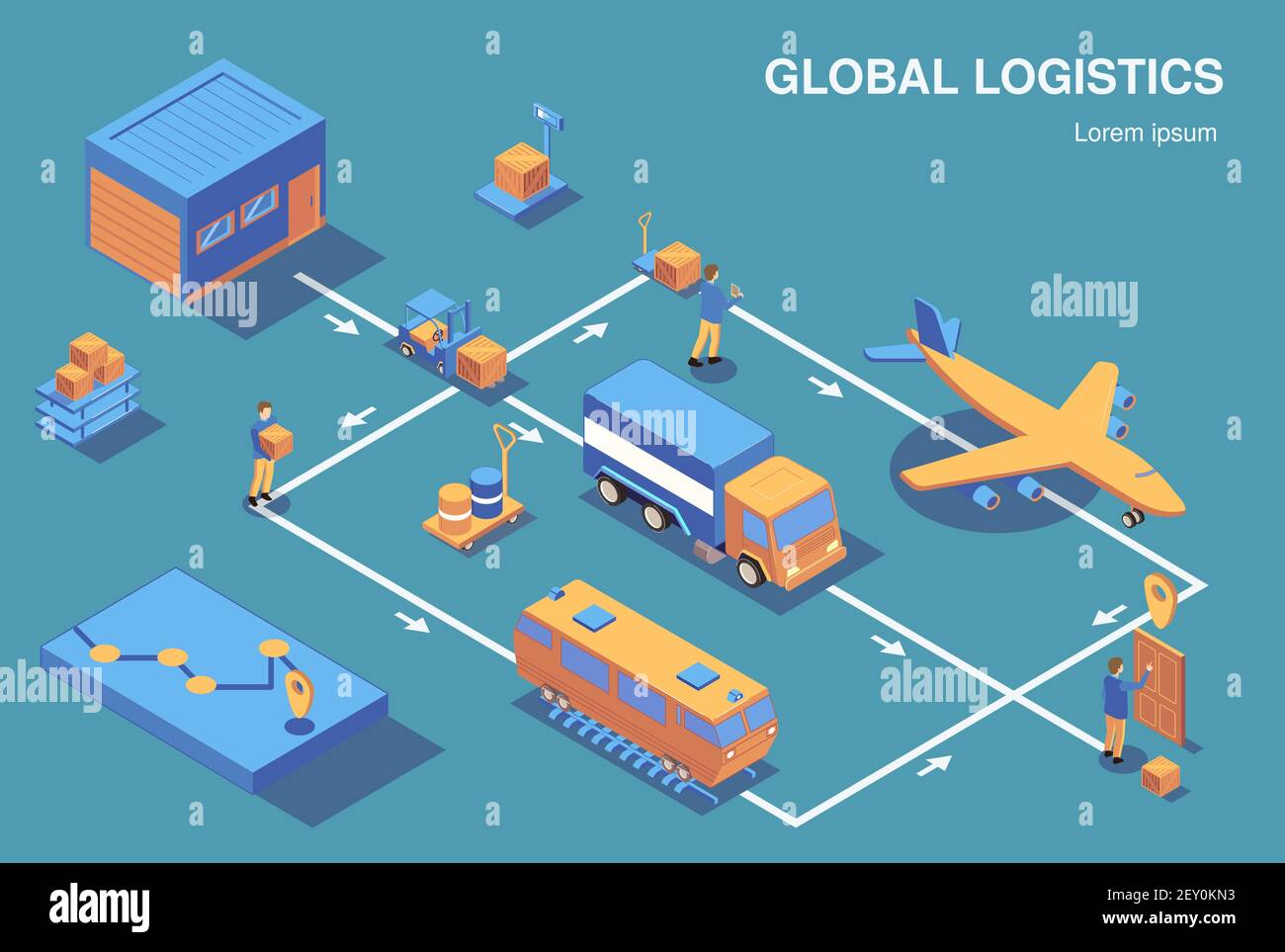 Isometric logistics horizontal composition flowchart with view of human characters and various ...