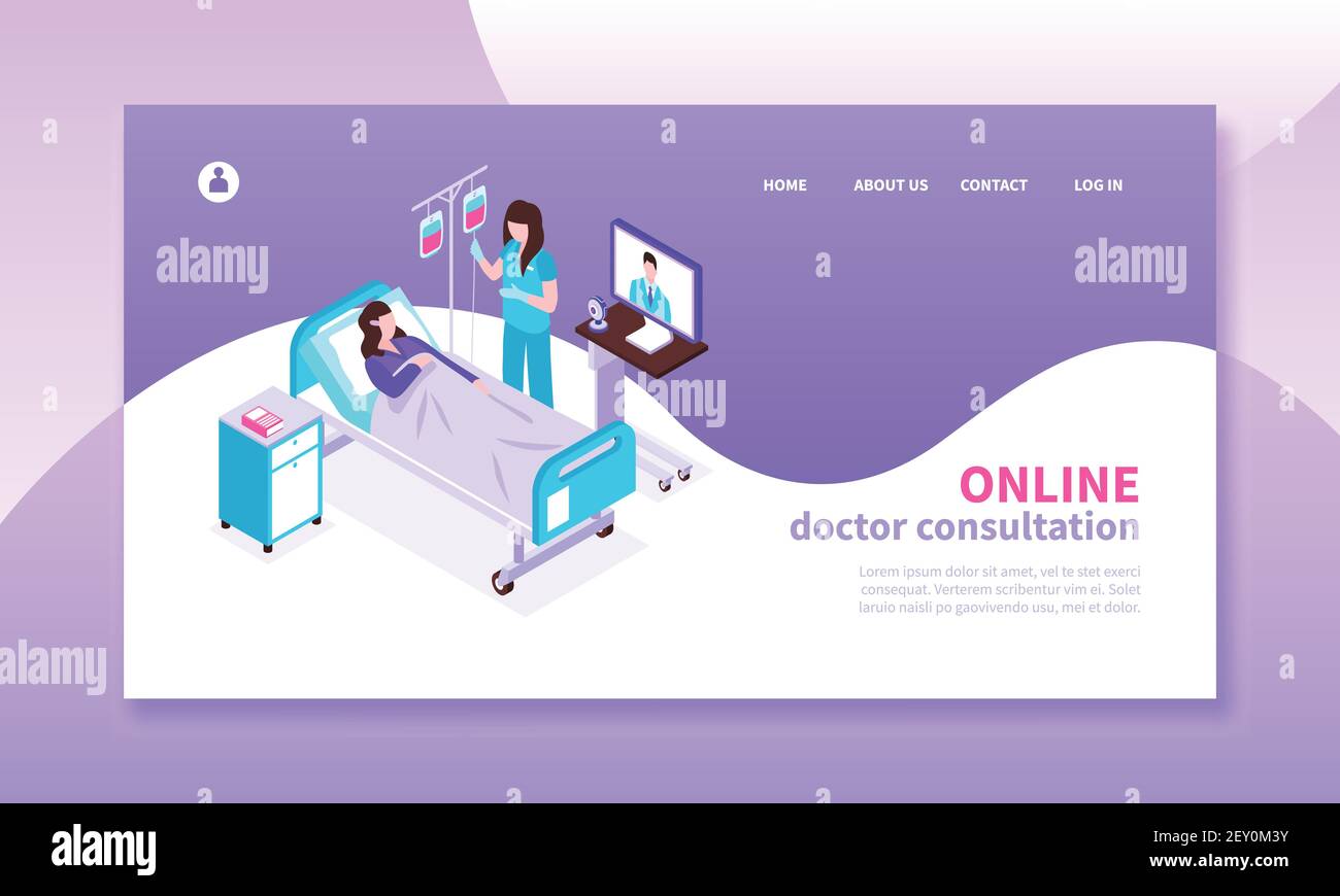 Online medicine isometric horizontal banner with patient consulting ...