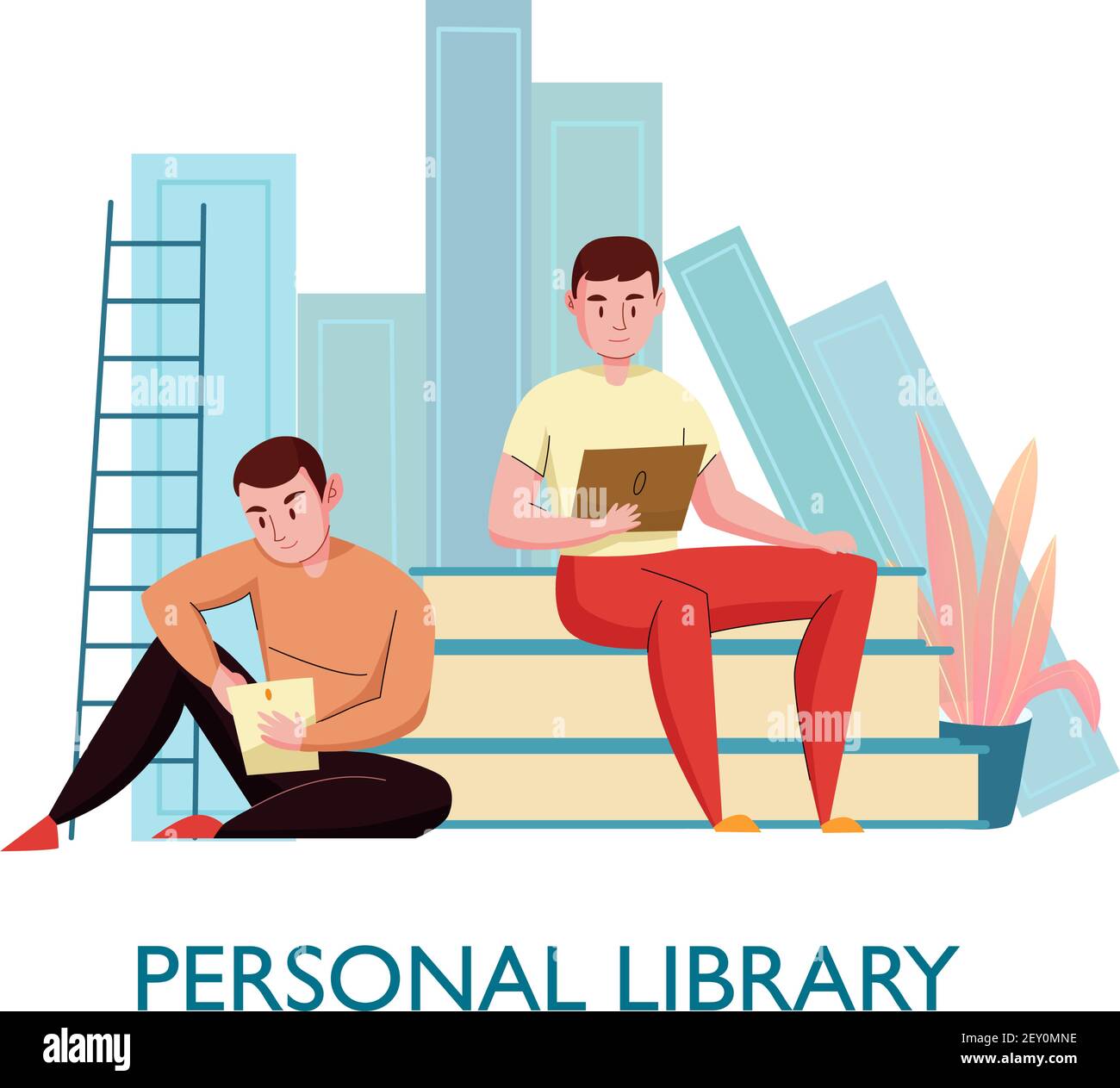 Personal virtual library flat composition with 2 young men sitting on ...