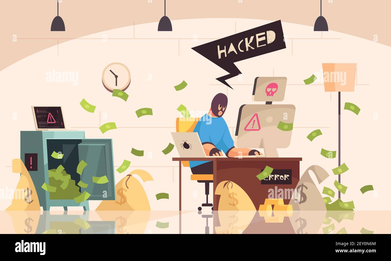 Hacker computers composition with man in mask sits in room and steals ...