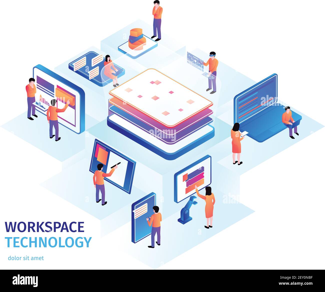 Isometric people interfaces background composition with small human ...