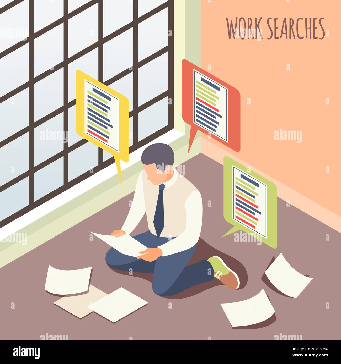 Work searches isometric background with male person considering job ...