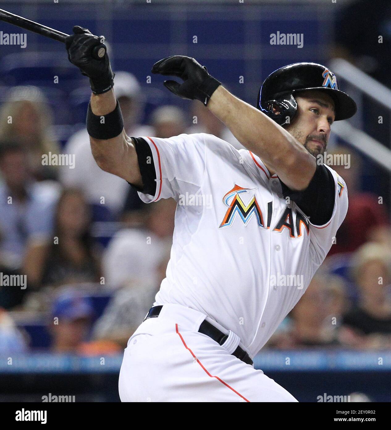 Miami Marlins first baseman Garrett Jones hits a single during the ...