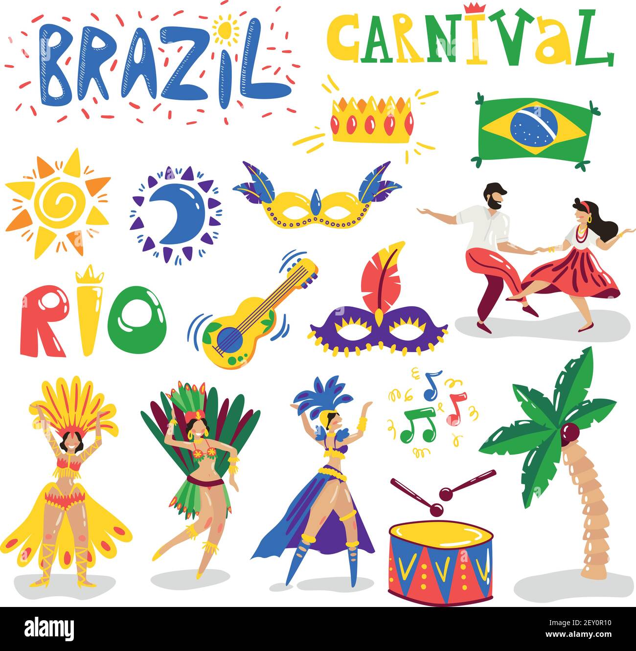Brazil carnival celebration colorful symbols characters collection with ...