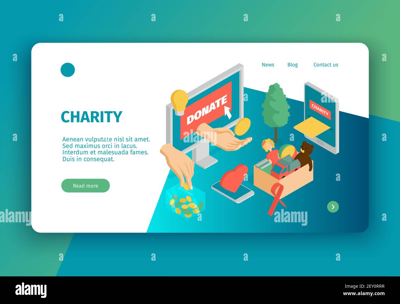 Isometric charity concept banner with clickable links text and ...
