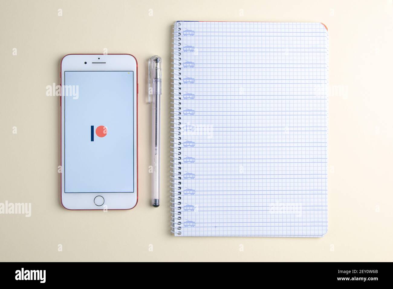 Spain. 03, 05, 2021. Patreon mobile app icon on phone screen top view ...