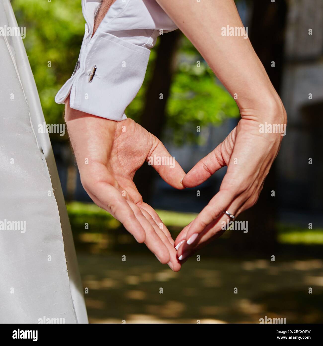Hands bride and groom in shape of heart Stock Photo - Alamy
