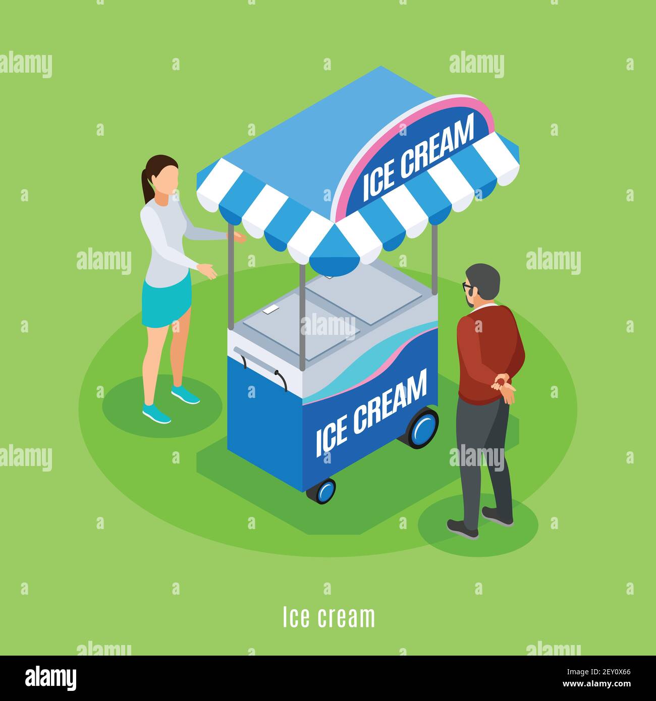 Ice cream isometric background with seller and buyer standing near ...