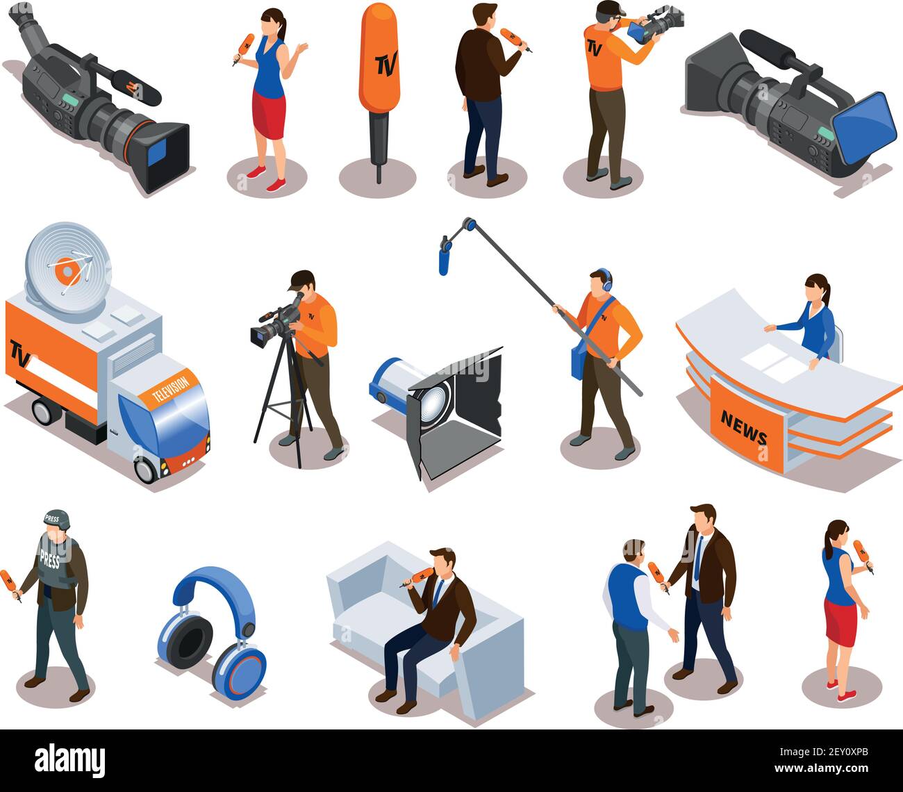 Broadcasting isometric icons set with newsman commentator reporter and ...