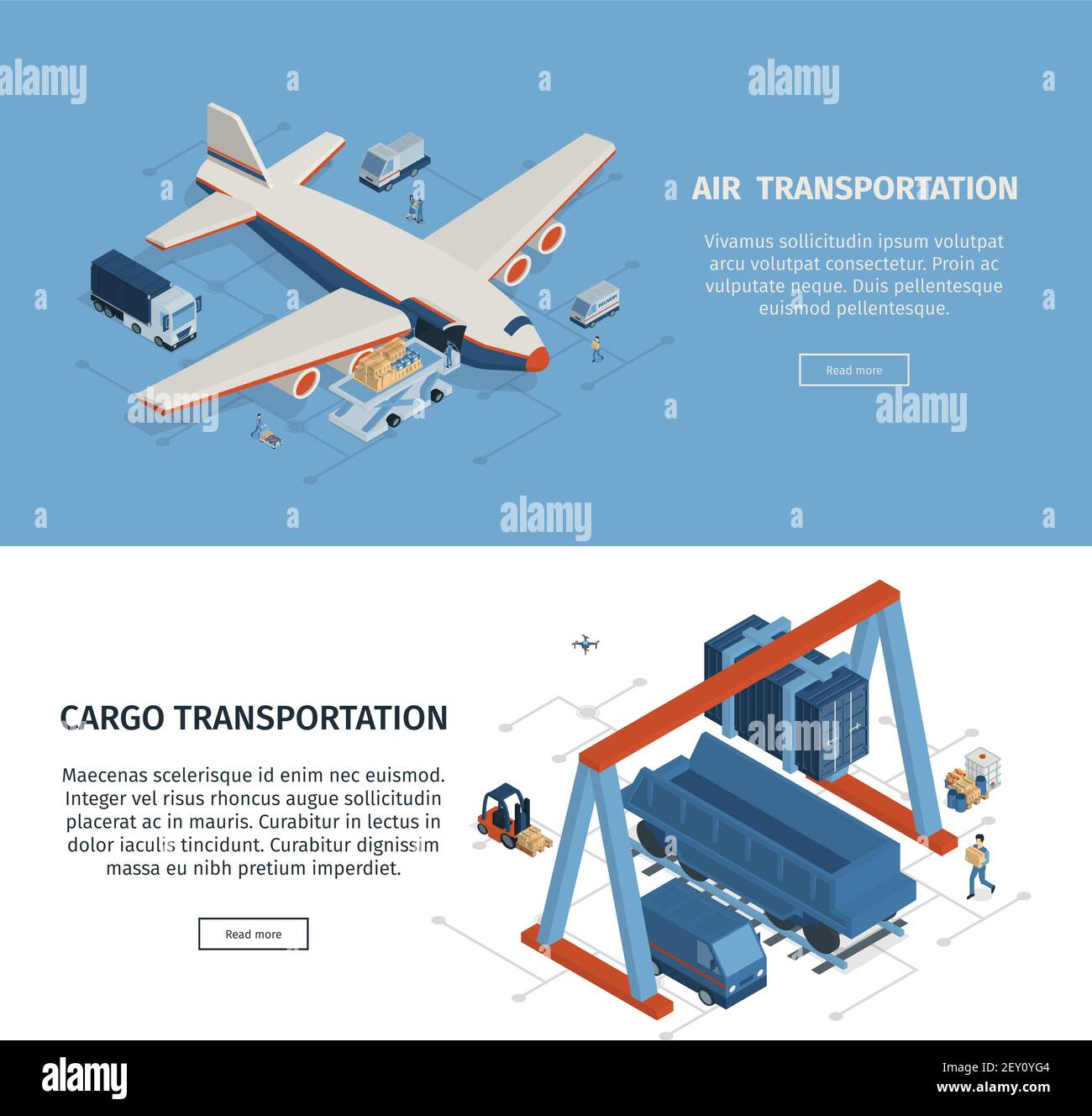 Set of two horizontal isometric logistics banners with clickable read ...