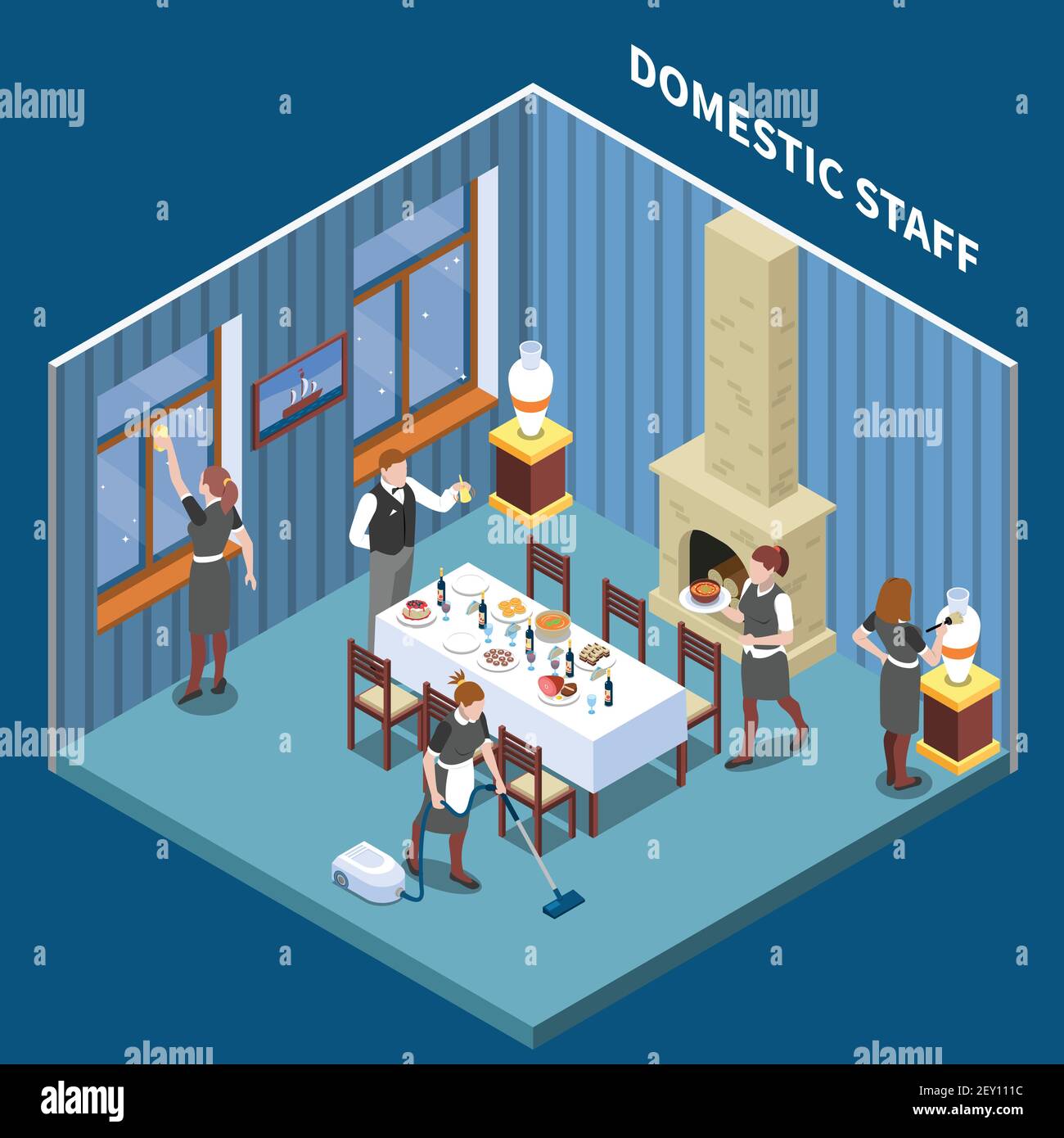 Home staff isometric composition with living room and human characters ...