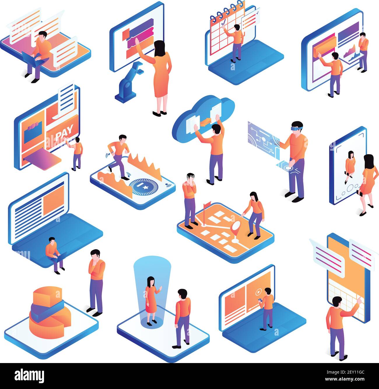 Set of isolated isometric people interfaces with icons of computer ...