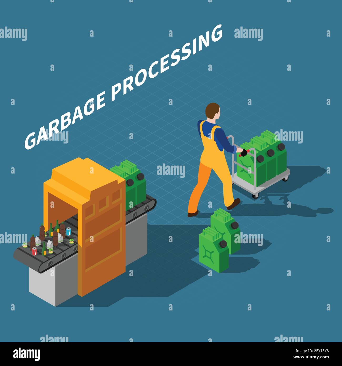 Garbage recycling isometric composition with conveyor machine processing waste into fuel with ...