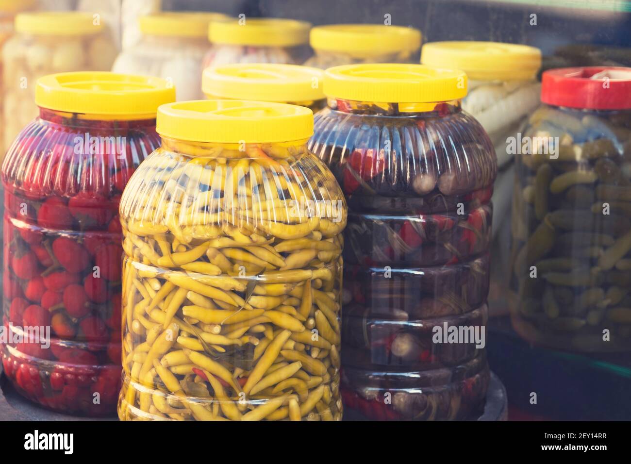 Traditional Turkish pickles of various fruits and vegetables Stock ...