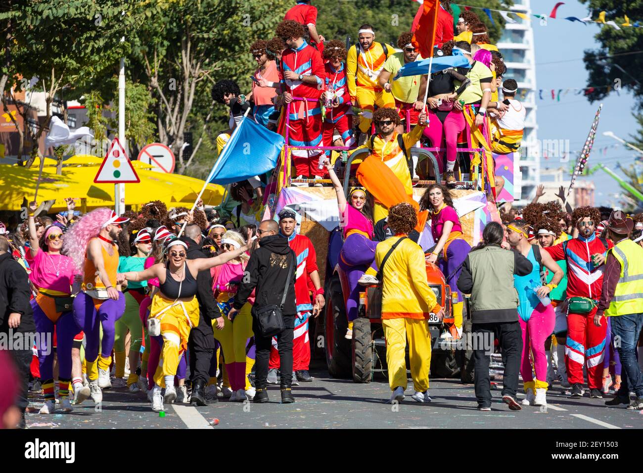 A crowd of people on a float during the Carnival in Limassol, Cyprus, 1 ...