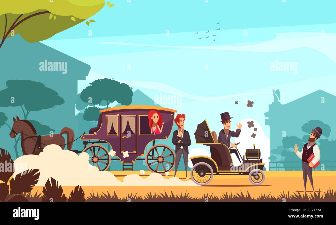 Human characters and old ground transportation horse carriage and ...