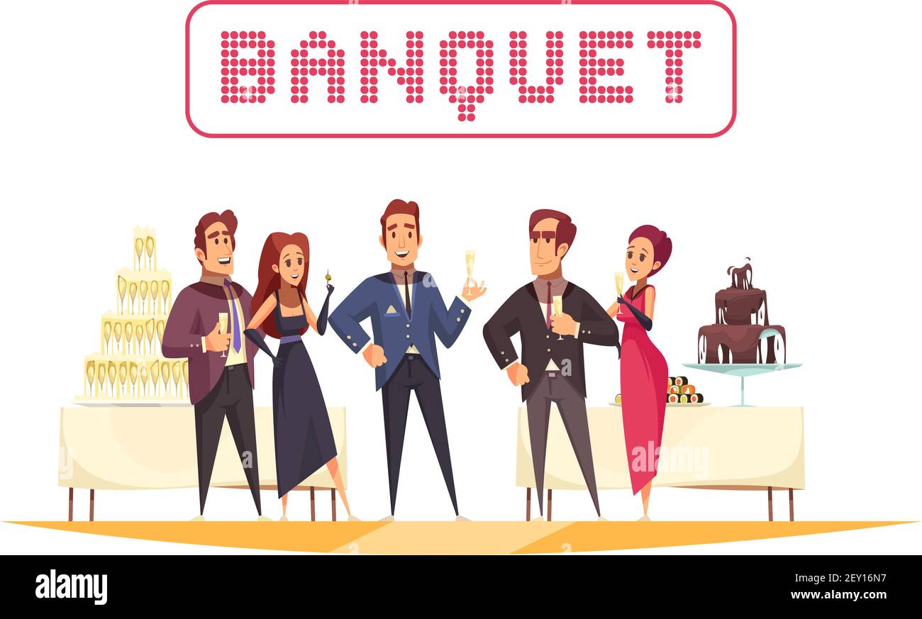 Banquet tables with food and drinks organizer and guests on white ...