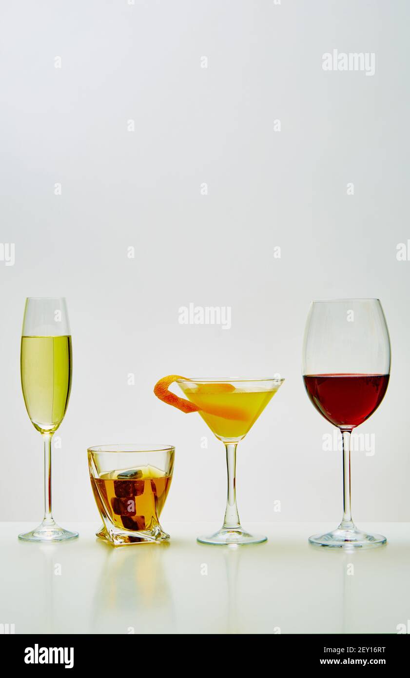 Set with different drinks on white background Stock Photo - Alamy