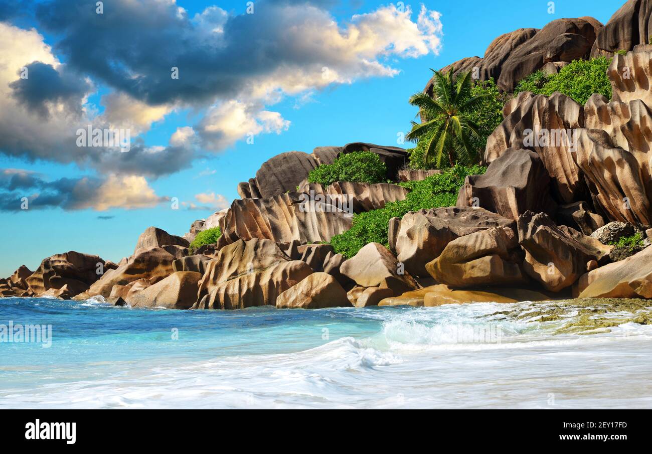 Grande Anse beach in La Digue Island at sunrise, Indian Ocean ...