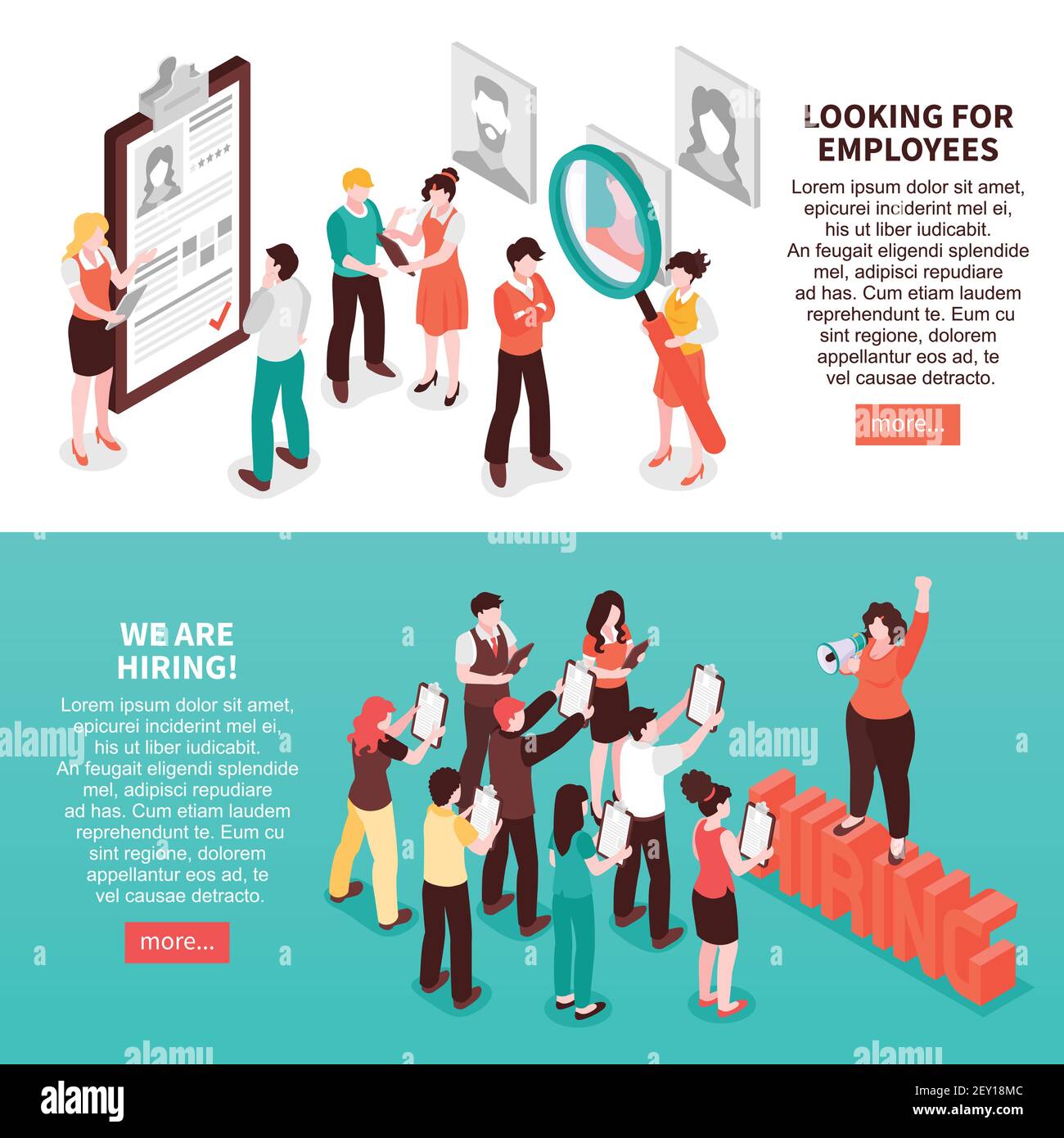 Set of two horizontal isometric job search recruitment banners with ...