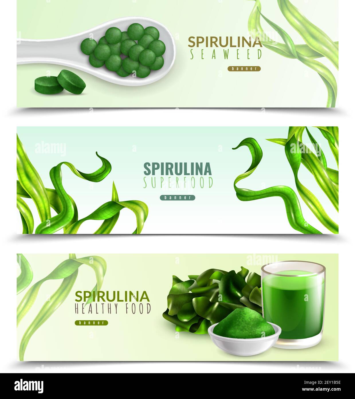 Spirulina supplement healthy food 3 realistic horizontal banners with ...