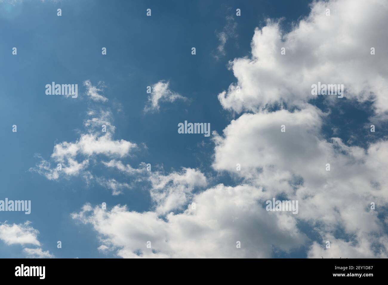Background sky texture with half white cumulus clouds and half blue sky ...