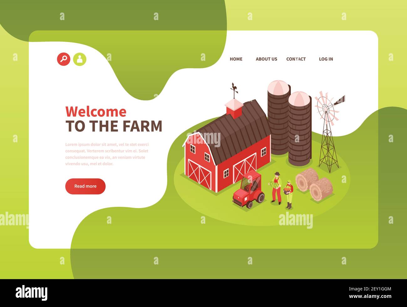 Isometric farm concept banner with landing page elements clickable text ...