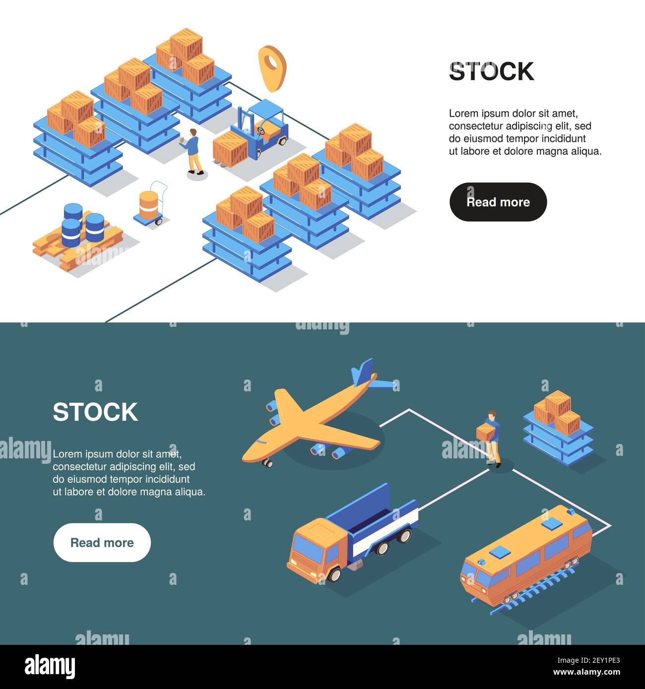 Isometric logistics banners set with text more button and storage ...