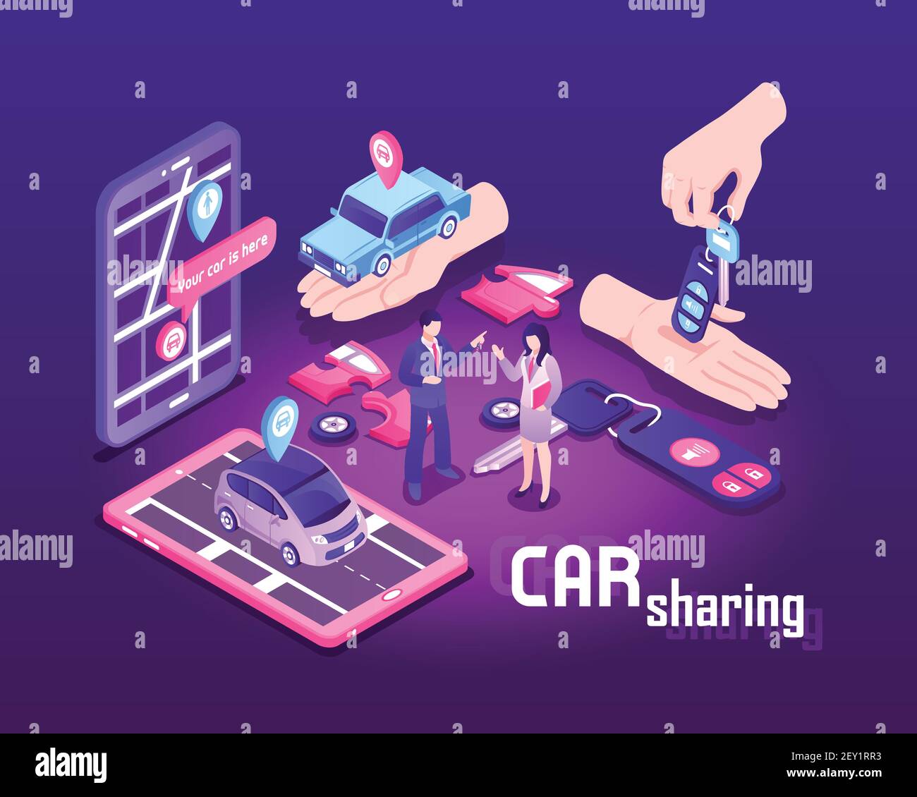 Isometric car sharing composition with conceptual images of touch ...