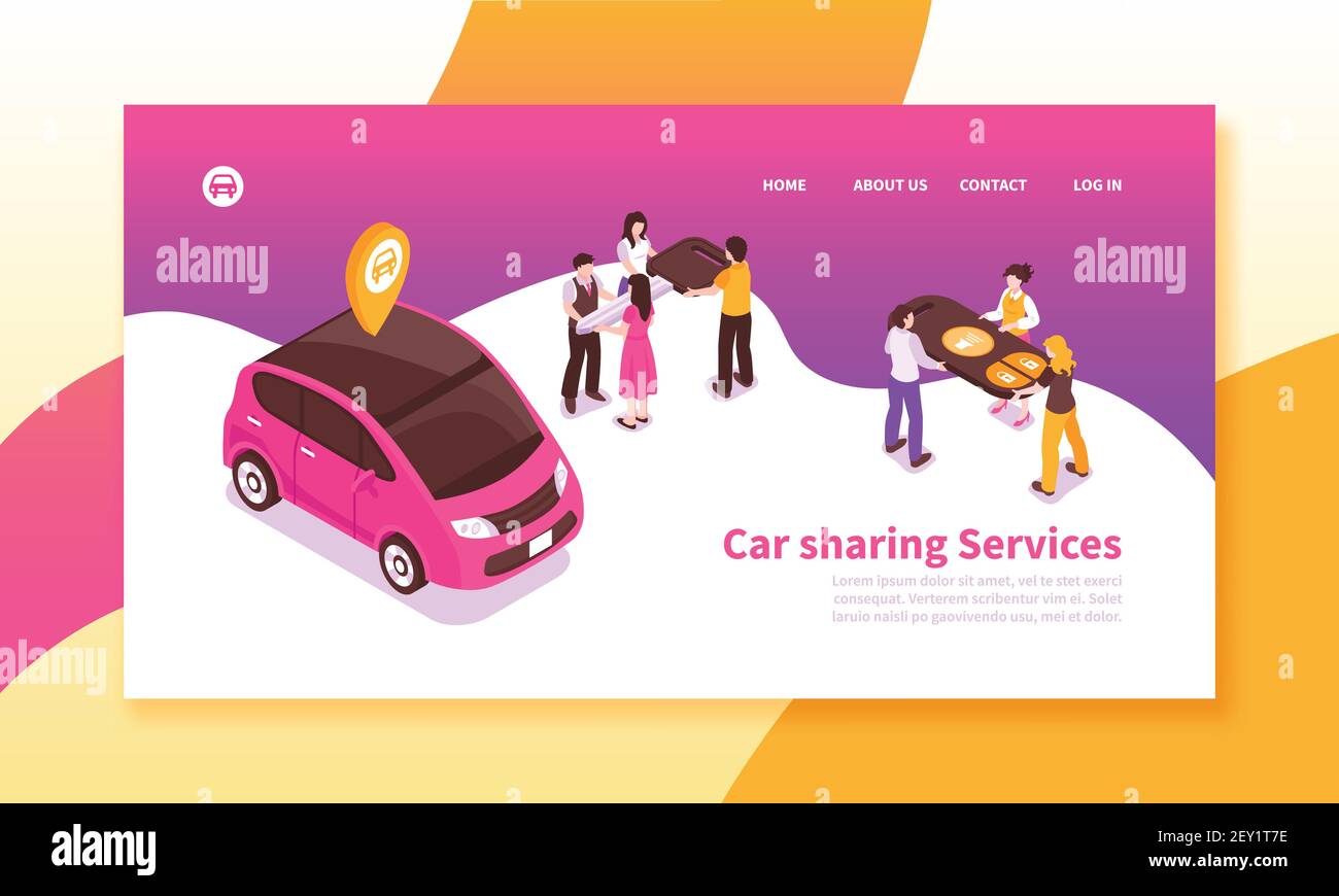 Car pooling service isometric horizontal banner on colorful background ...