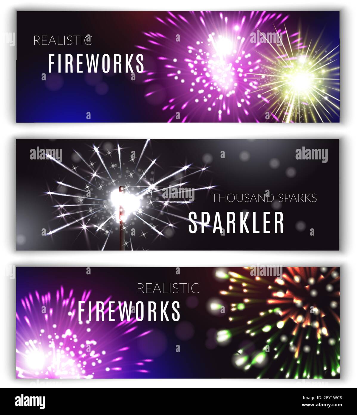 Fireworks horizontal banners realistic set with sparkler symbols ...
